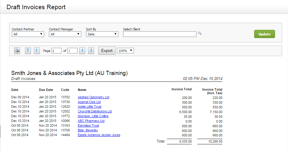 Draft Invoices report