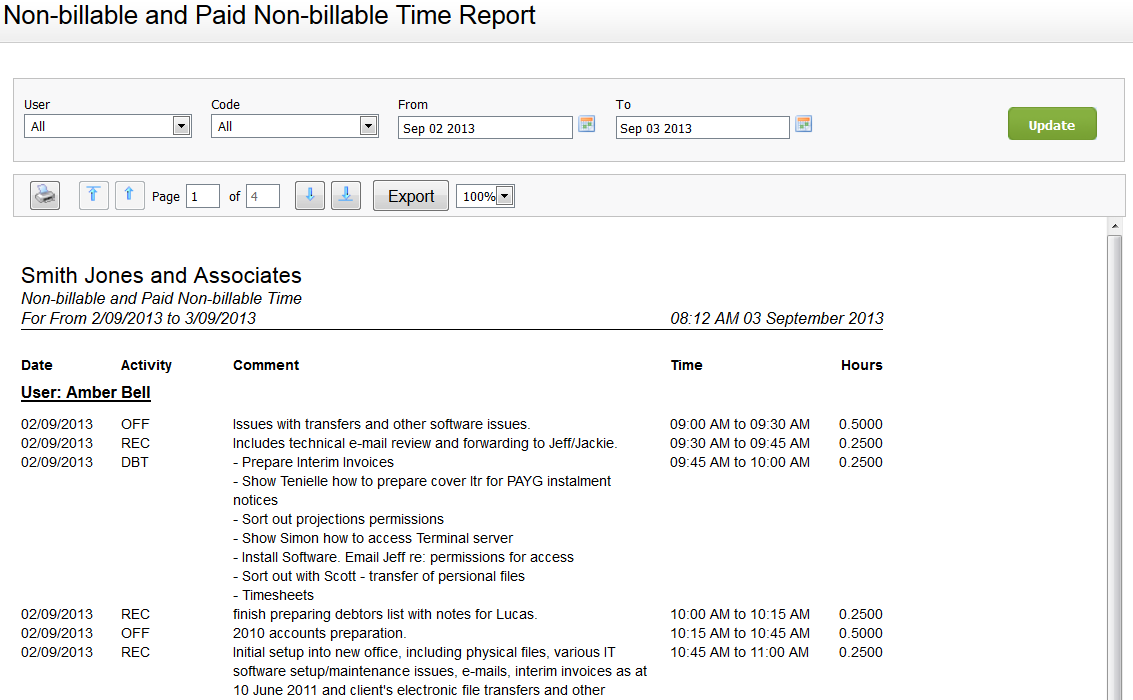 Non-billable and Paid Non-billable Time report