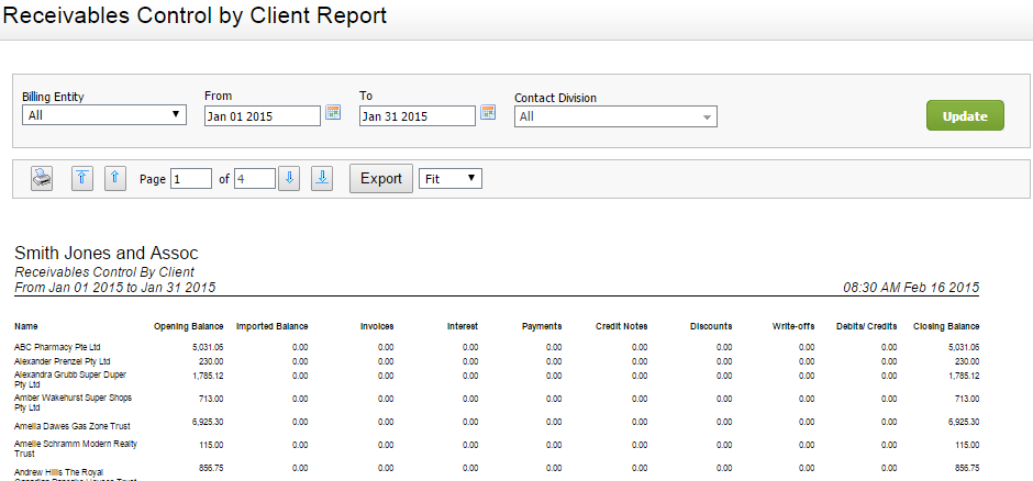 Receivables Control by Client report