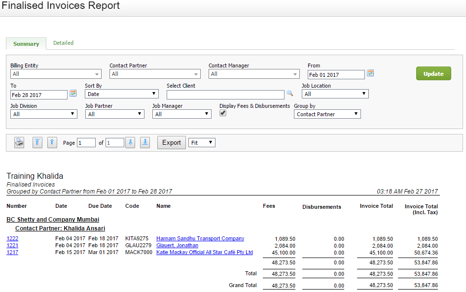 Finalised Invoices report