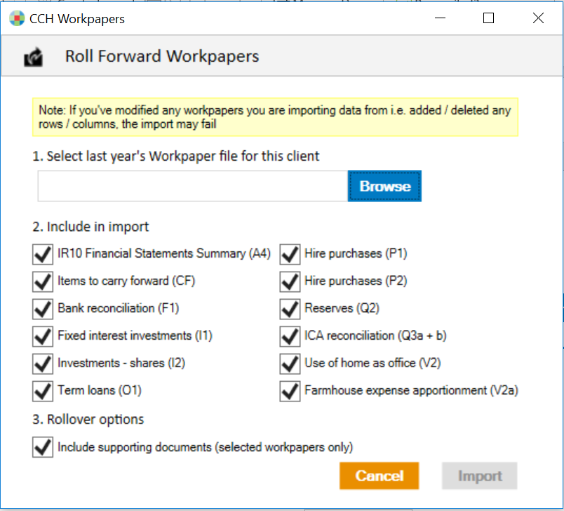 Roll forward data from prior year workpaper